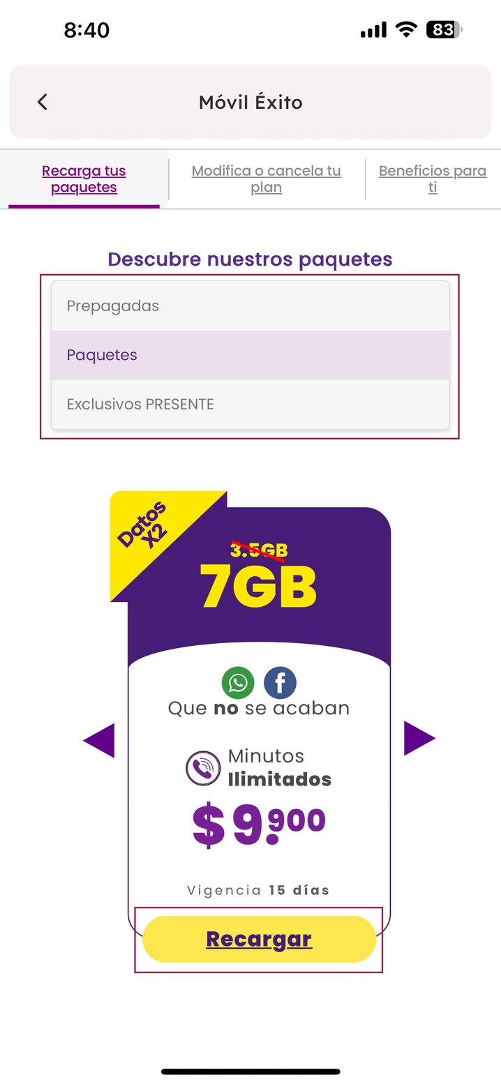 Cómo recargar tu Móvil Éxito en la app