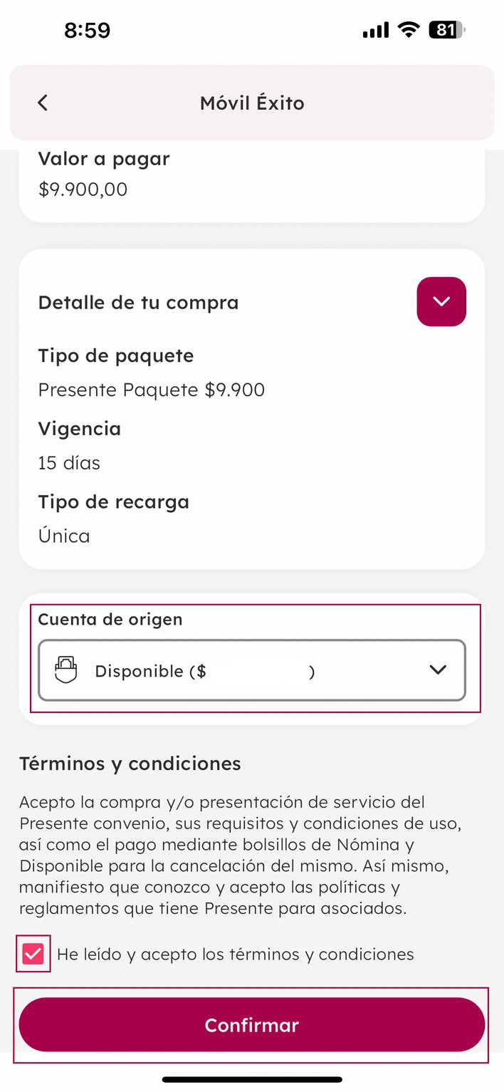 Cómo recargar tu Móvil Éxito en la app